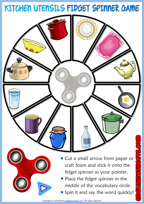 Kitchen Utensils ESL Printable Fidget Spinner Game For Kids