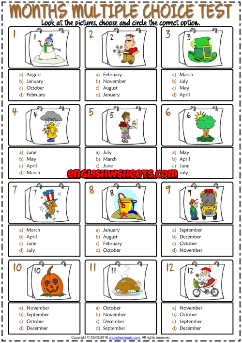 Months ESL Printable Multiple Choice Test For Kids
