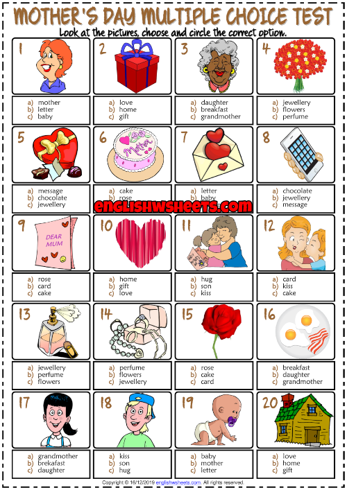 Mother's Day ESL Printable Multiple Choice Test For Kids