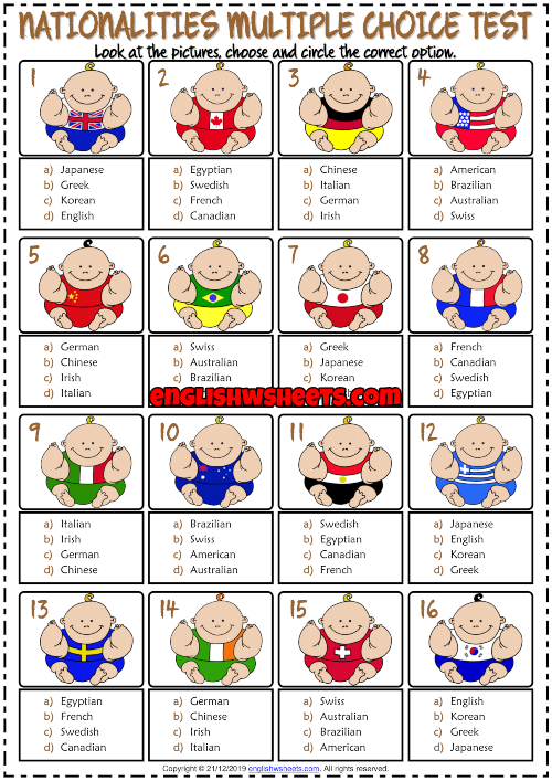 Nationalities ESL Printable Multiple Choice Test For Kids