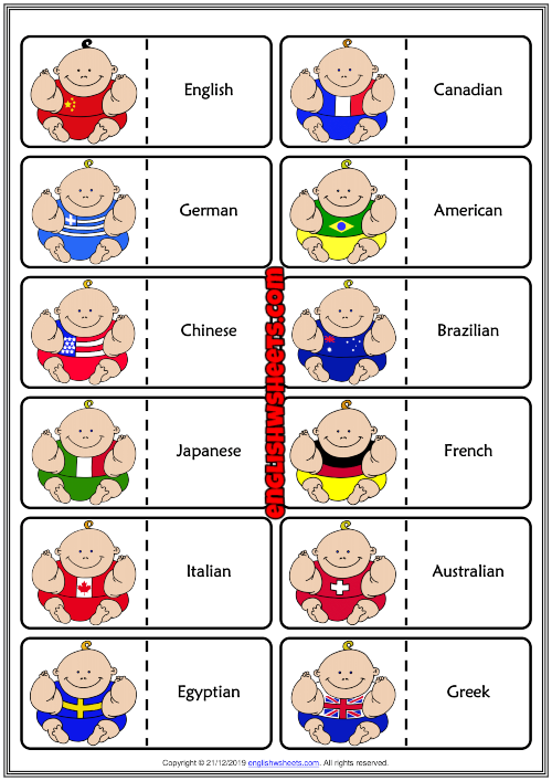 Nationalities ESL Printable Dominoes Game For Kids