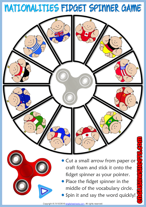 Nationalities ESL Printable Fidget Spinner Game