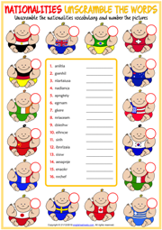 Nationalities ESL Vocabulary Worksheets