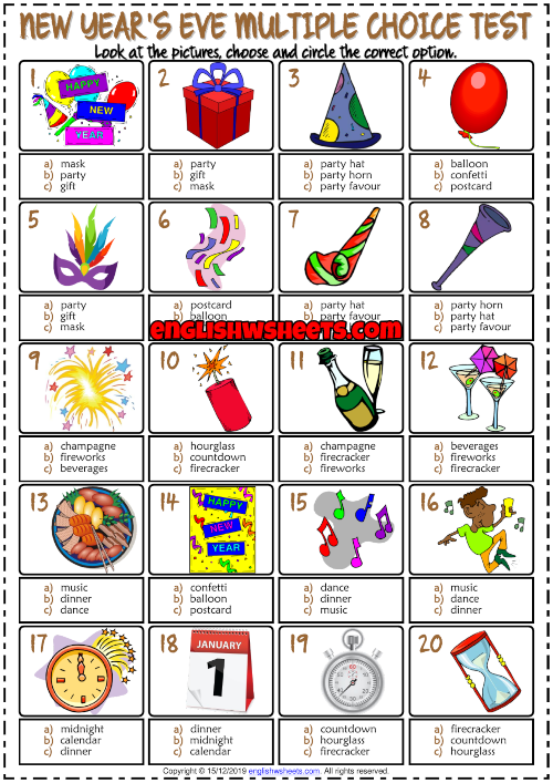 New Year's Eve ESL Printable Multiple Choice Test For Kids