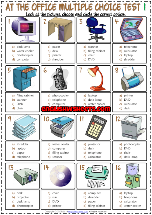 Office Objects ESL Printable Multiple Choice Tests