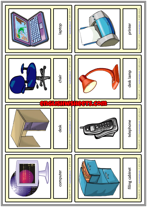 Office Objects ESL Printable Vocabulary Learning Cards For Kids