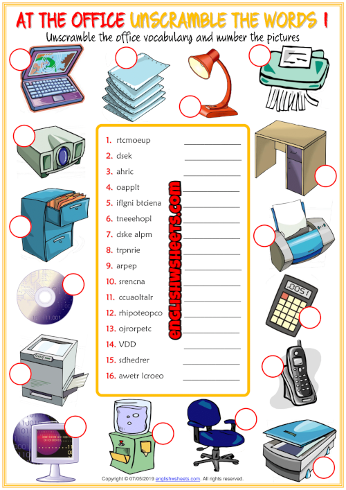 Office Objects ESL Unscramble the Words Worksheets