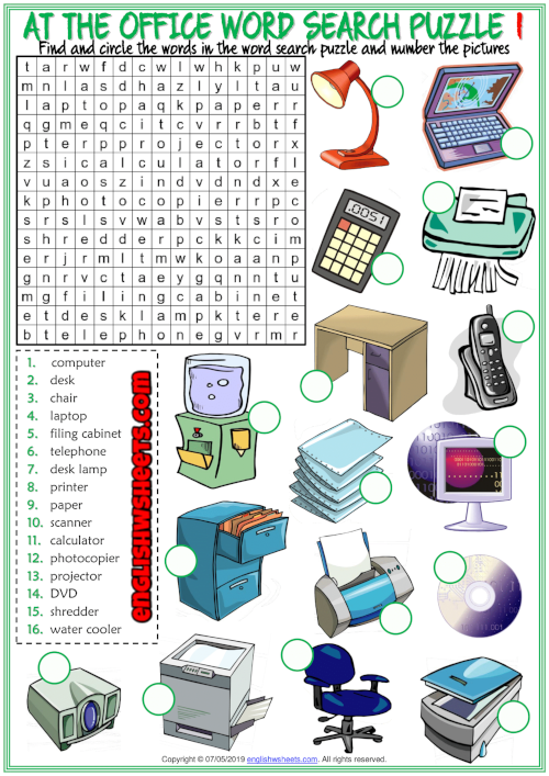 Office Objects ESL Word Search Puzzle Worksheets