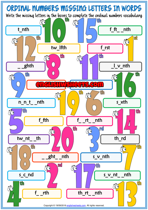Ordinal Numbers ESL Missing Letters In Words Exercise Worksheet