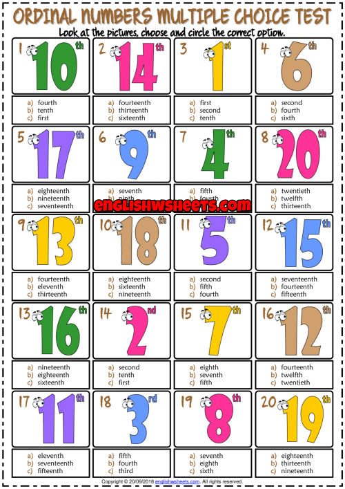 Ordinal Numbers ESL Printable Multiple Choice Test For Kids