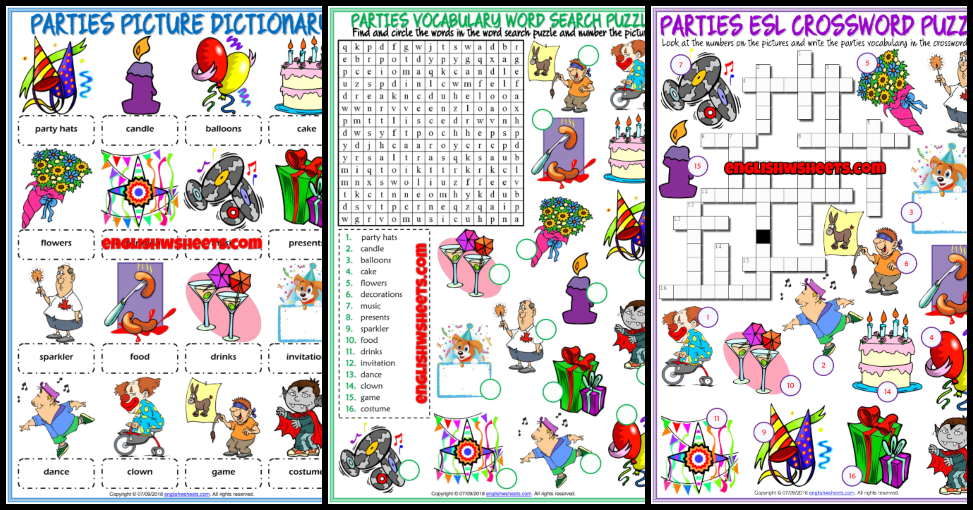 Parties ESL Vocabulary Worksheets