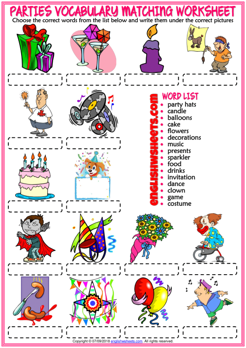Parties ESL Vocabulary Matching Exercise Worksheet For Kids