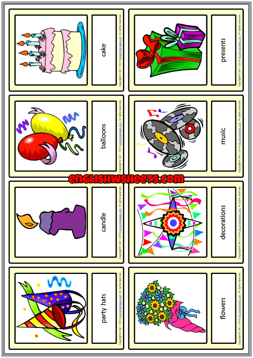 Parties Vocabulary ESL Printable Vocabulary Learning Cards