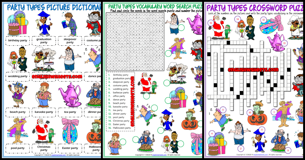 Party Types ESL Vocabulary Worksheets