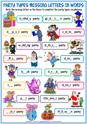 Party Types ESL Vocabulary Worksheets