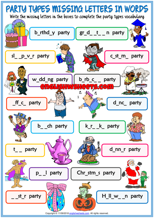 Party Types Missing Letters In Words Exercise Worksheet party-types-missing-letters-in-words-exercise-worksheet