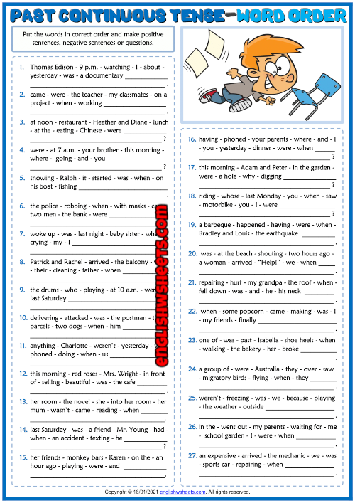 Past Continuous Tense ESL Word Order Exercise Worksheet