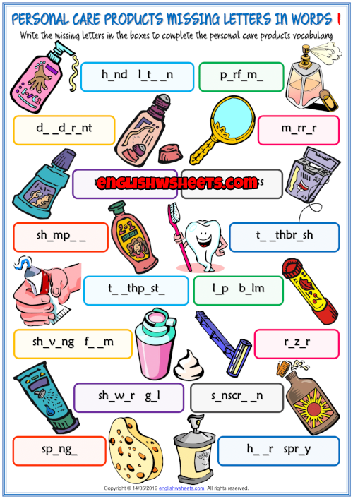 Personal Care Products Missing Letters In Words Worksheets