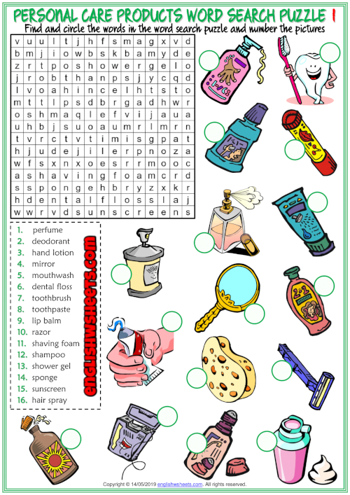 Personal Care Products ESL Word Search Puzzle Worksheets