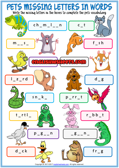 Pets ESL Missing Letters In Words Exercise Worksheet