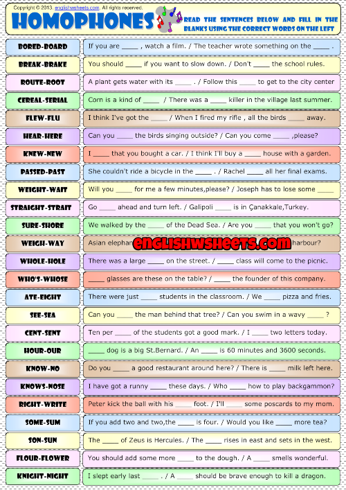 Homophones Phonetics ESL Exercises Worksheet
