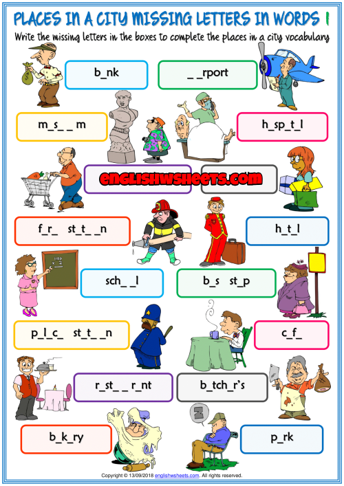 Places in a City ESL Missing Letters In Words Worksheets
