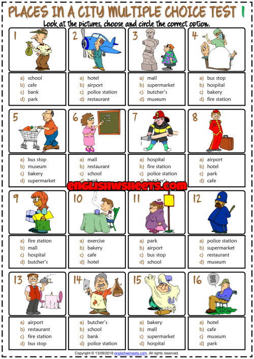 Places in a City ESL Printable Multiple Choice Tests For Kids