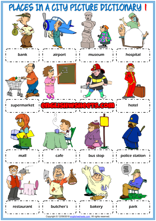 Places in a City ESL Picture Dictionary Worksheets For Kids