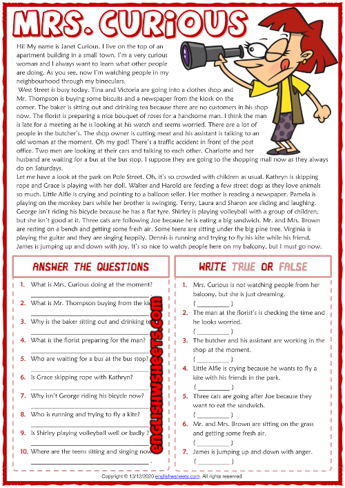 Present Continuous Tense ESL Reading Comprehension Exercises Worksheet