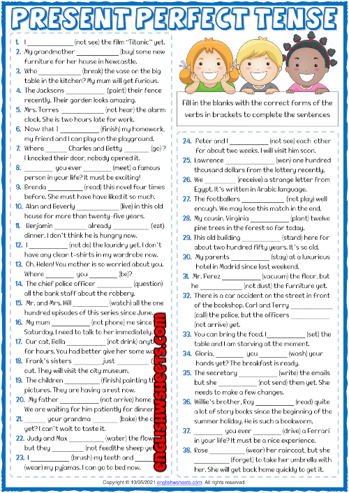 Present Perfect Tense Worksheet With Answers Worksheets For Kindergarten