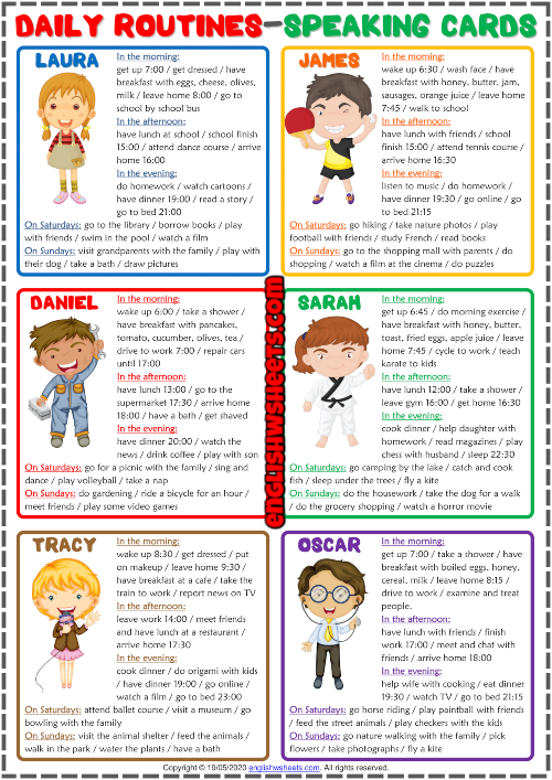 Daily Routines ESL Printable Speaking Activity Cards