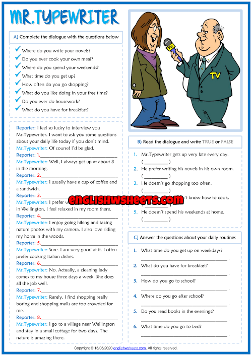 Daily Routines ESL Dialogue Comprehension Exercises Worksheet