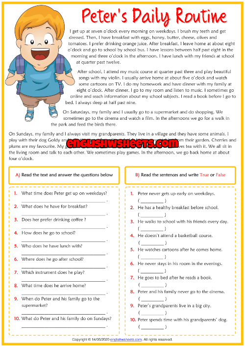 Daily Routines ESL Reading Comprehension Exercises Worksheet