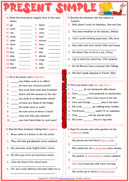 Present Simple Tense Esl Grammar Exercises Test Worksheet 8D0
