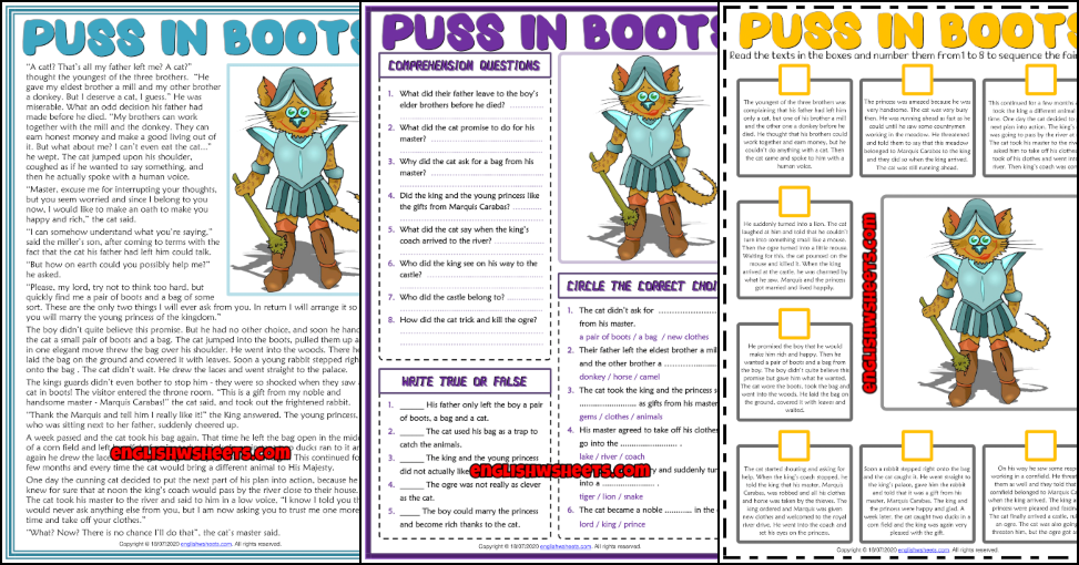 Puss in Boots ESL Reading Comprehension Worksheets