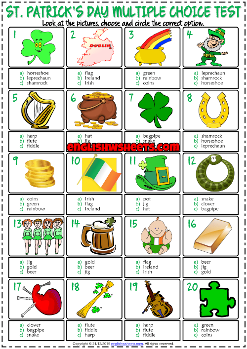 St. Patrick's Day ESL Printable Multiple Choice Test For Kids
