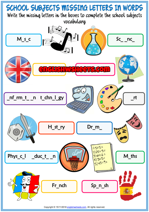 School Subjects Missing Letters In Words Exercise Worksheet