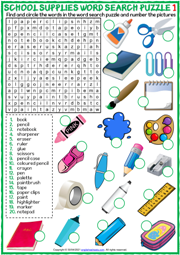 School Supplies ESL Vocabulary Worksheets