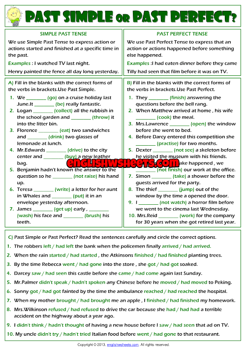 Simple Past Or Past Perfect ESL Exercises Worksheet