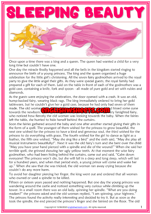Sleeping Beauty ESL Reading Text Worksheet For Kids
