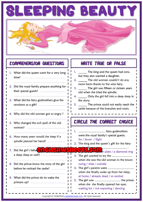 Sleeping Beauty ESL Reading Comprehension Questions Worksheet