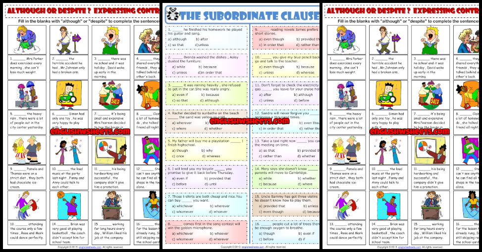 Subordination ESL Printable Worksheets and Exercises