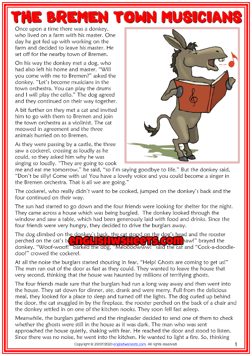 The Bremen Town Musicians ESL Reading Text Worksheet For Kids