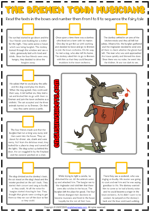The Bremen Town Musicians ESL Sequencing the Story Worksheet