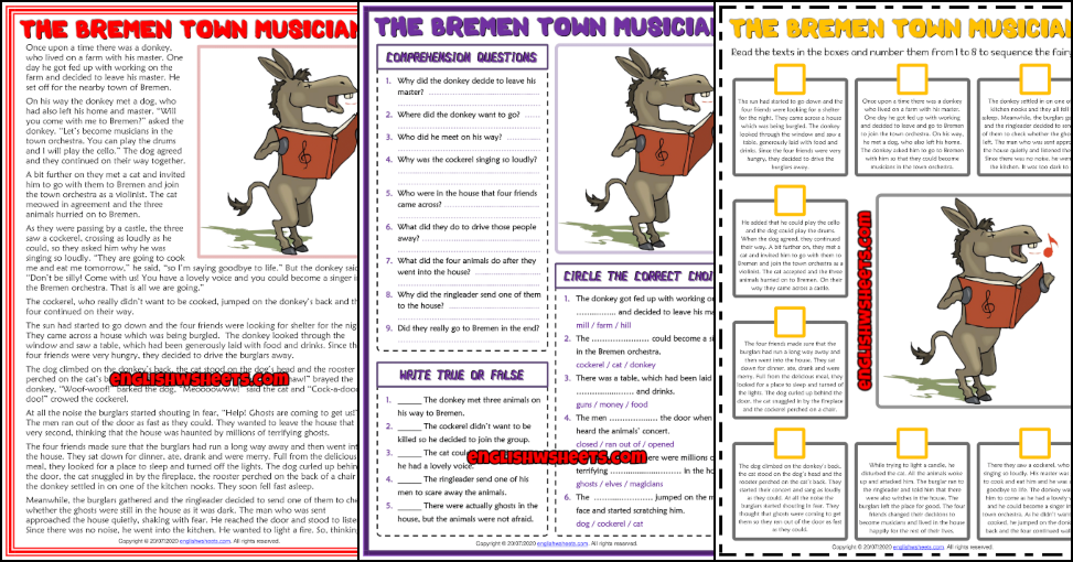 The Bremen Town Musicians ESL Reading Comprehension Worksheets