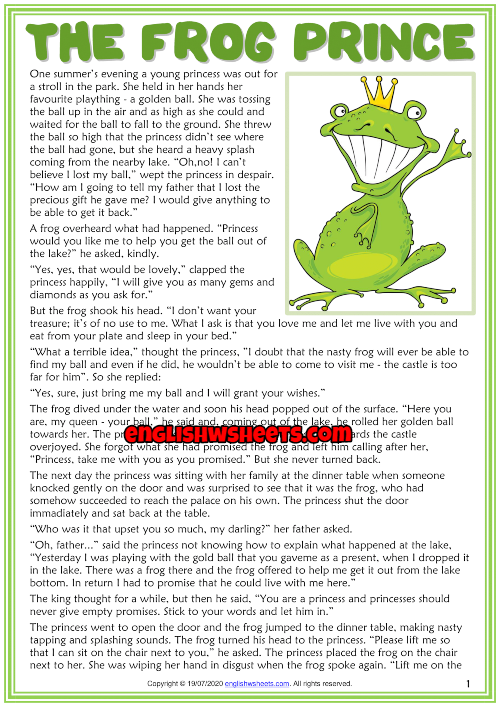 The Frog Prince ESL Reading Text Worksheet For Kids