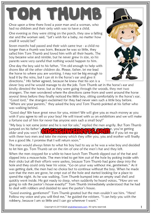Tom Thumb ESL Reading Text Worksheet For Kids
