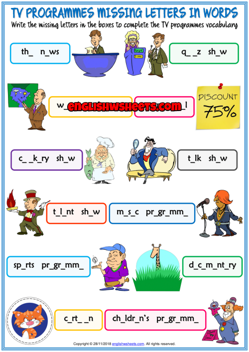 TV Programmes Missing Letters In Words Exercise Worksheet
