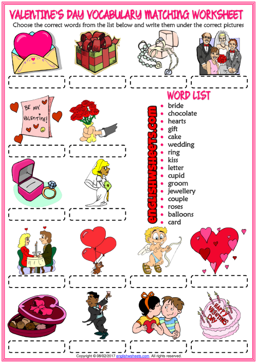 Valentine's Day ESL Matching Exercise Worksheet For Kids