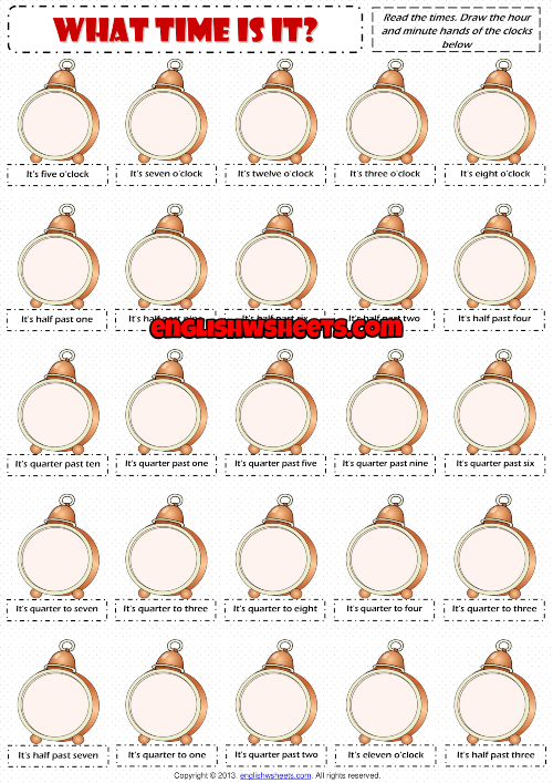 Draw The Hour And Minute Hands ESL Exercise Worksheet